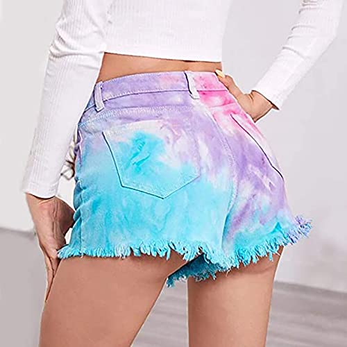 Sdeycui Shorts for Women, Womens Pocket Tie-dye Jeans Pants Female Hole Bottom Casual Denim Shorts(Blue, XL)