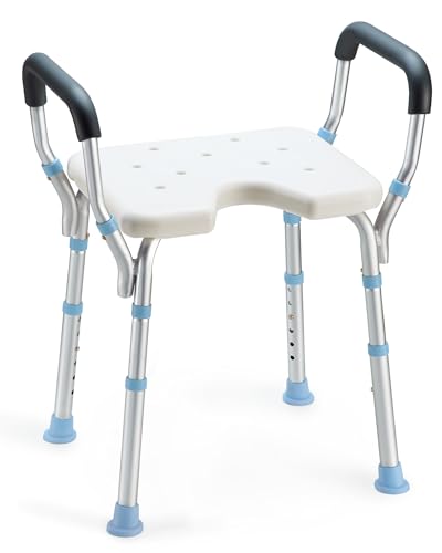 OasisSpace Adjustable Shower Chair with Arms for Inside Shower, Heavy Duty Shower Bench with Cutout Seat 300lbs, Medical Tool Free Bathtub Stool for Seniors, Elderly, Handicap, Disabled