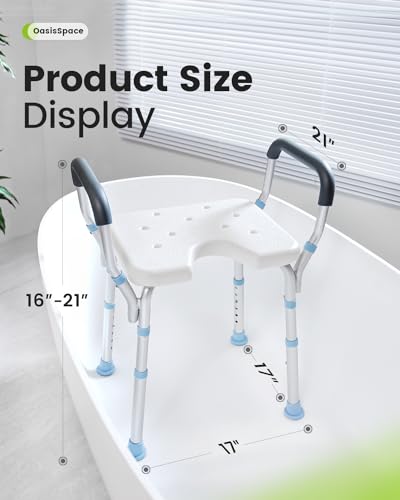 OasisSpace Adjustable Shower Chair with Arms for Inside Shower, Heavy Duty Shower Bench with Cutout Seat 300lbs, Medical Tool Free Bathtub Stool for Seniors, Elderly, Handicap, Disabled