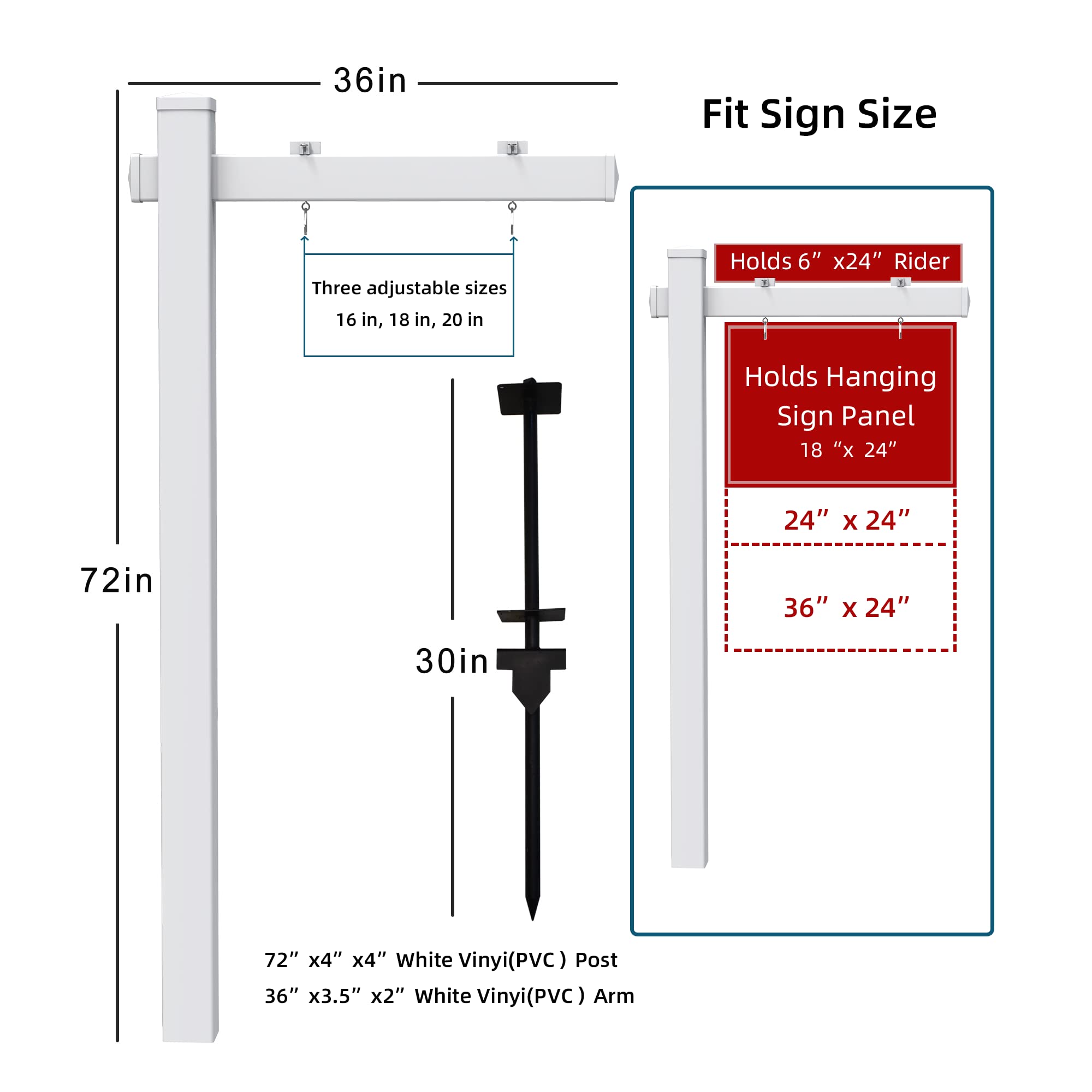 Qikdesign Vinyl PVC Real Estate Sign Post with Flat Cap 6' Tall - Realtor Yard Sign Post - 36" Arm Holds Up to 24" Sign- White (No Sign)