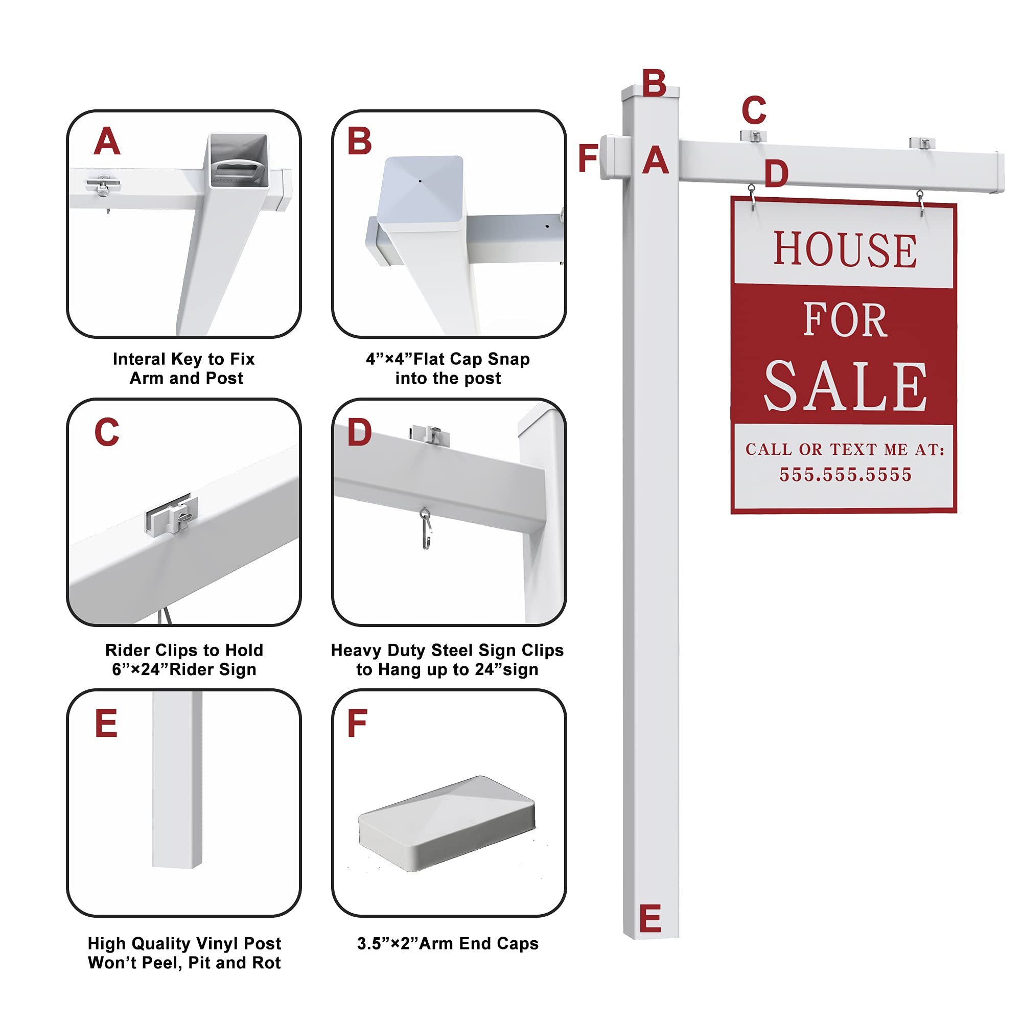 Qikdesign Vinyl PVC Real Estate Sign Post with Flat Cap 6' Tall - Realtor Yard Sign Post - 36" Arm Holds Up to 24" Sign- White (No Sign)