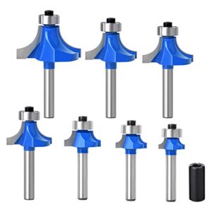 meiggtool 7pcs 1/4"inch shanks roundover edging router bit set,round radius: 1/2",3/8",5/16",1/4",7/32",3/16",1/8"