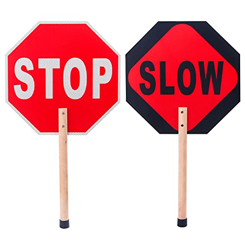 Enjoyist Stop Slow Sign, 13"x 13", Engineer Grade Reflective Aluminum Sign with 14" Wood Handle