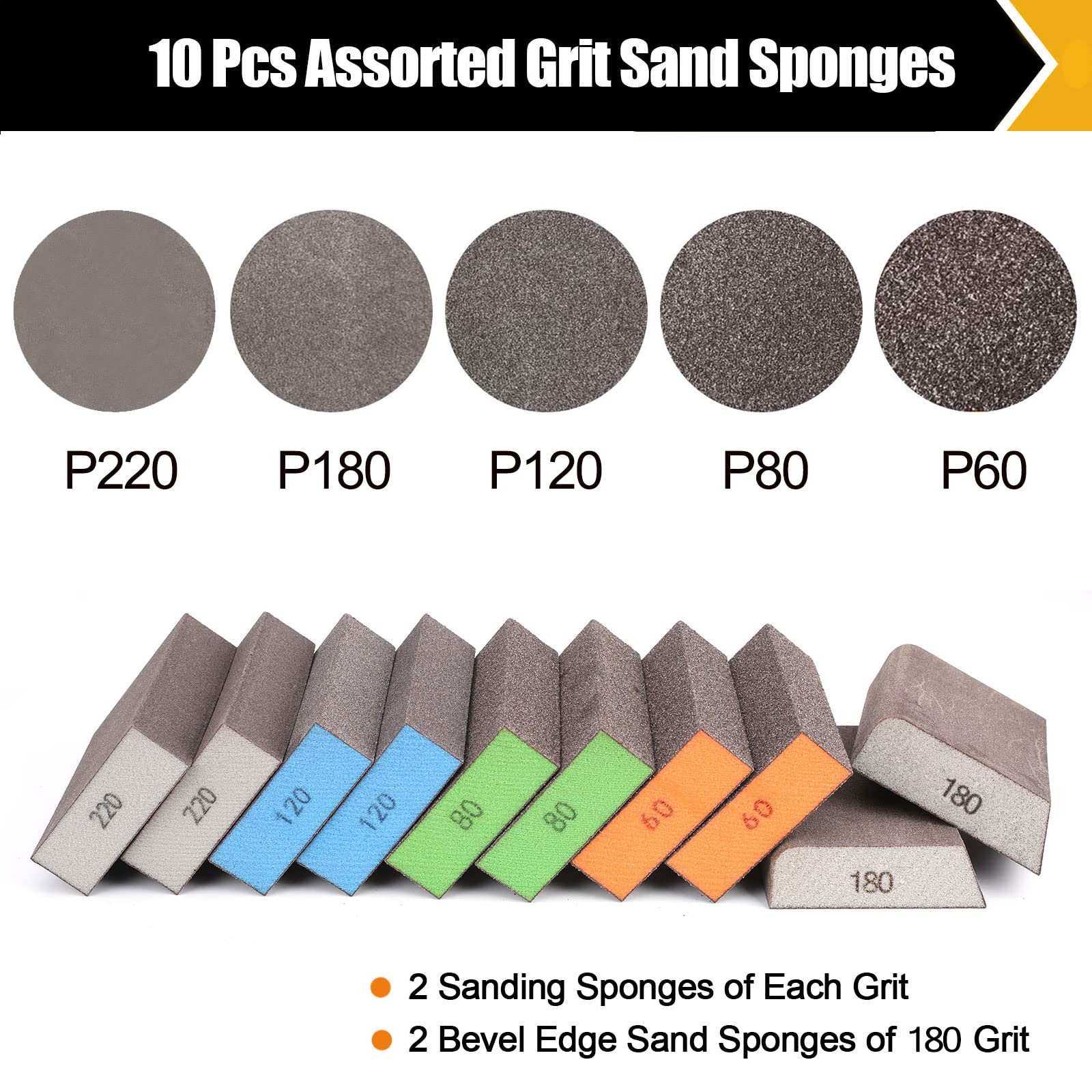 BOSHCRFAT 10 Pack Sanding Block, Washable and Reusable Sanding Sponge for Wood Drywall Metal Glasses Coarse/Medium/Fine/Superfine in 60/80/100/120/180/220 Grit Sandpaper Block Sand Paper Brick