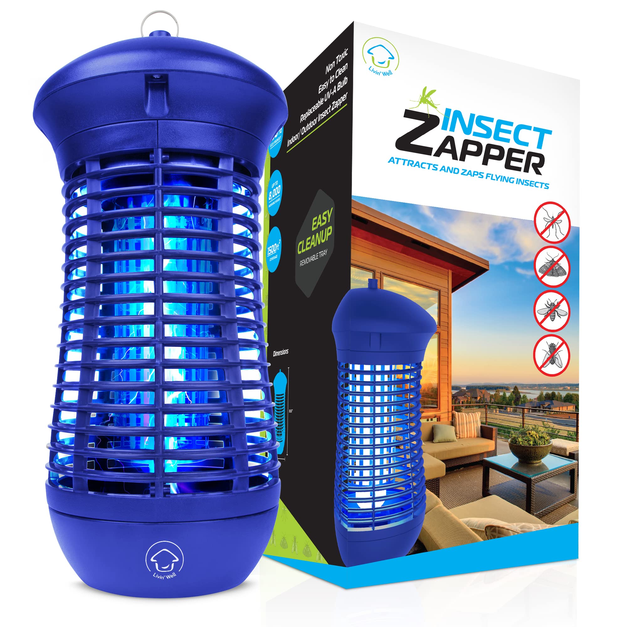 Livin’ Well Bug/Mosquito Zappers 2 Pk - 2 Electric UV Light Bulb with 1250 Sq. Feet Range, UV-A Bulb and Detachable Insect Trap, 1200V Outdoor and Indoor Bug Zapper Fly Killer