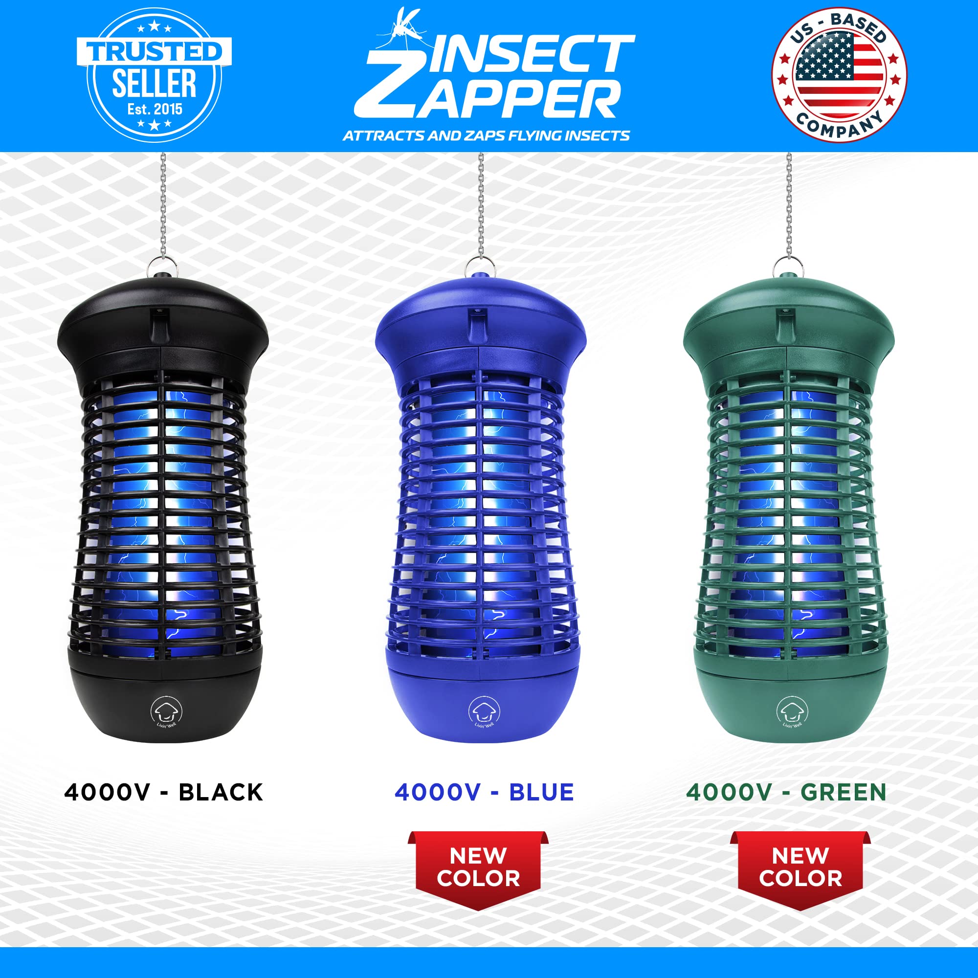 Livin’ Well Bug/Mosquito Zappers 2 Pk - 2 Electric UV Light Bulb with 1250 Sq. Feet Range, UV-A Bulb and Detachable Insect Trap, 1200V Outdoor and Indoor Bug Zapper Fly Killer