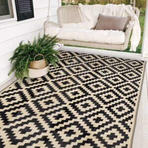 sand mine reversible mats, plastic straw rug, modern area rug, large floor mat and rug for outdoors, rv, patio, backyard, deck, picnic, beach, trailer, camping, black & beige, 5' x 8'