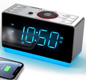 itoma alarm clock radio with bluetooth speaker, fm radio, dual alarm with snooze, large led display, dimmer control, usb charging output and night light cks708