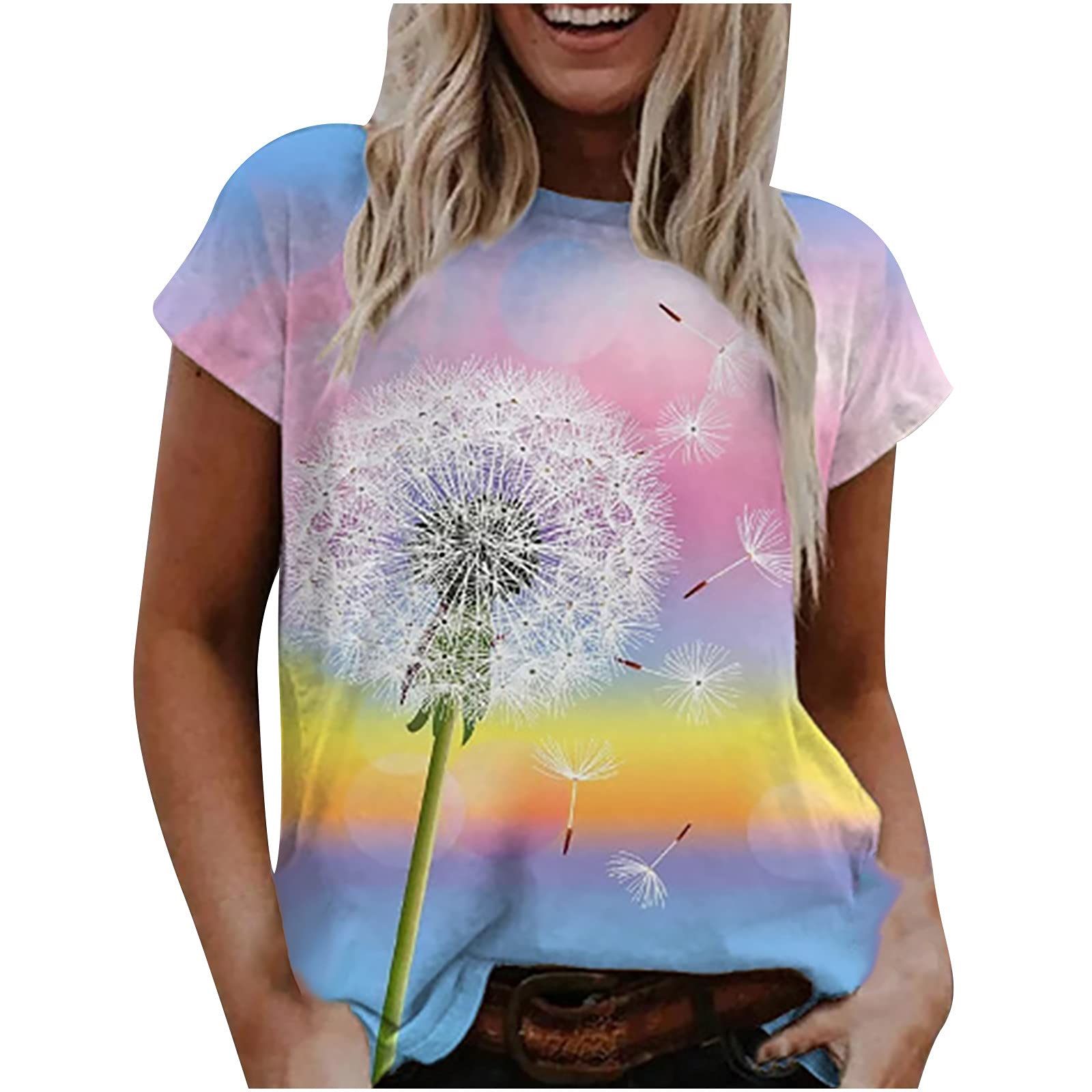 Bravetoshop Womens Short Sleeve Shirts Dandelion Graphic V-Neck Tshirts Blouse Summer Casual Tops Loose Fit Tees (Multicolor,L)