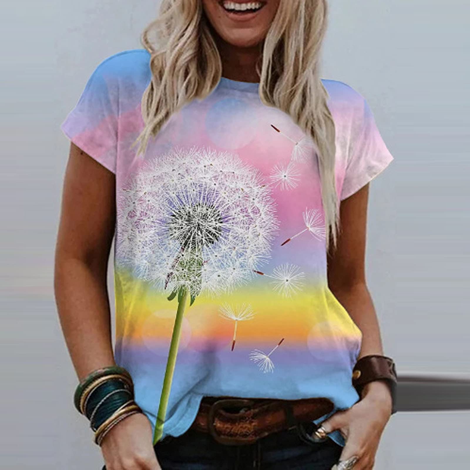 Bravetoshop Womens Short Sleeve Shirts Dandelion Graphic V-Neck Tshirts Blouse Summer Casual Tops Loose Fit Tees (Multicolor,L)