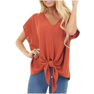 bravetoshop women summer t shirts short sleeve v neck tie knot pocket tee tops casual loose blouse (orange,l)