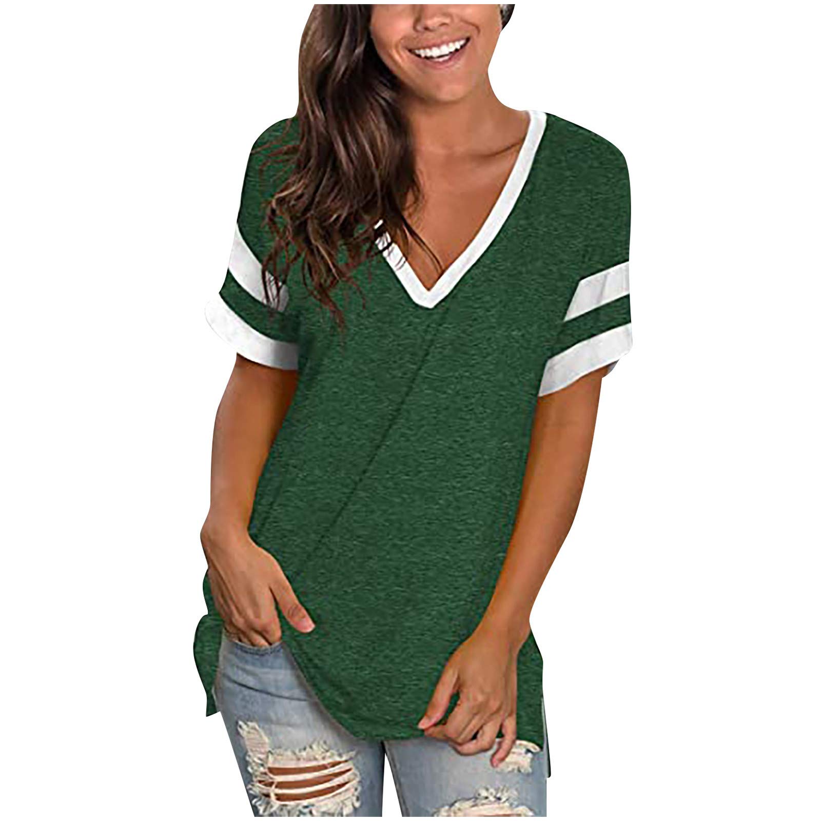 Bravetoshop Womens Plus Size Tops Short Sleeve V Neck Summer T Shirts Striped Side Split Tunic Blouse Shirt (Green,S)