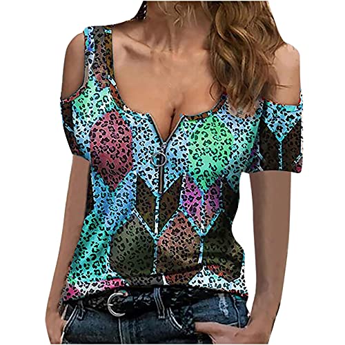 Bravetoshop Women's V Neck Zipper Tops Sexy Cold Shoulder Short Sleeve Tunic T Shirts Summer Casual Blouse Fashion 2021 (Green,XL)