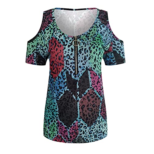 Bravetoshop Women's V Neck Zipper Tops Sexy Cold Shoulder Short Sleeve Tunic T Shirts Summer Casual Blouse Fashion 2021 (Green,XL)