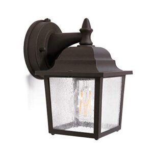 coramdeo greystone outdoor dusk to dawn porch light, wall sconce porch, patio, deck and more, e26 standard socket, suitable for wet location, rustic bronze powder coat cast aluminum with seedy glass