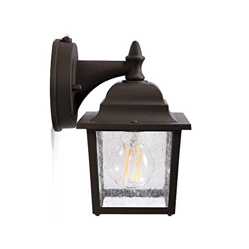 CORAMDEO Greystone Outdoor Dusk to Dawn Porch Light, Wall Sconce Porch, Patio, Deck and More, E26 Standard Socket, Suitable for Wet Location, Rustic Bronze Powder Coat Cast Aluminum with Seedy Glass