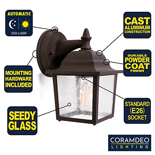 CORAMDEO Greystone Outdoor Dusk to Dawn Porch Light, Wall Sconce Porch, Patio, Deck and More, E26 Standard Socket, Suitable for Wet Location, Rustic Bronze Powder Coat Cast Aluminum with Seedy Glass