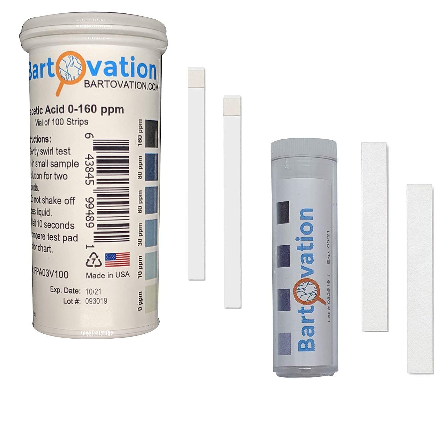 Peracetic Acid 0-160 ppm & Chlorine 0-200 ppm Test Strips [100 Strips of Each]