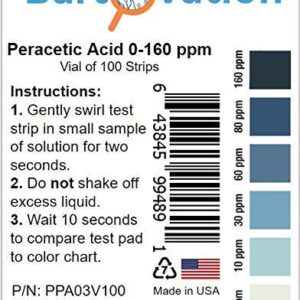 Peracetic Acid 0-160 ppm & Chlorine 0-200 ppm Test Strips [100 Strips of Each]