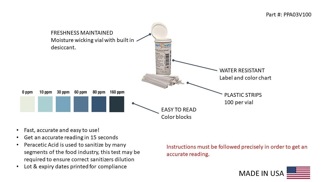 Peracetic Acid 0-160 ppm & Chlorine 0-200 ppm Test Strips [100 Strips of Each]