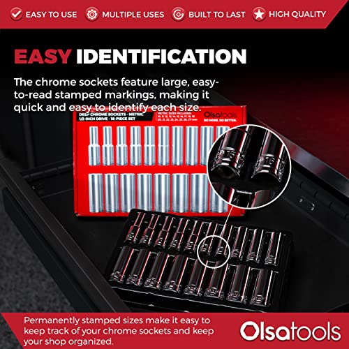 Olsa Tools Metric Socket Set (18pc) | 1/2-Inch Drive | 6-Point Deep Socket Set | Metric Sizes from 10 mm to 27 mm | Mechanic Metric Socket Sets | Long Chrome Sockets | Professional Grade