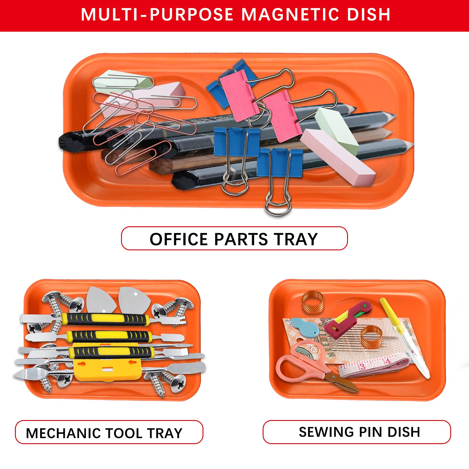 WXTOOLS 6 Pcs Orange Magnet Screw Tray (3.6" x 2.4" / 5.9" x 2.5" Square), Magnetic Parts Holder Mechanic Tray Magnetic Socket Trays, Ideal Screw Magnet Holder Magnetic Tray Set for DIY Handyman