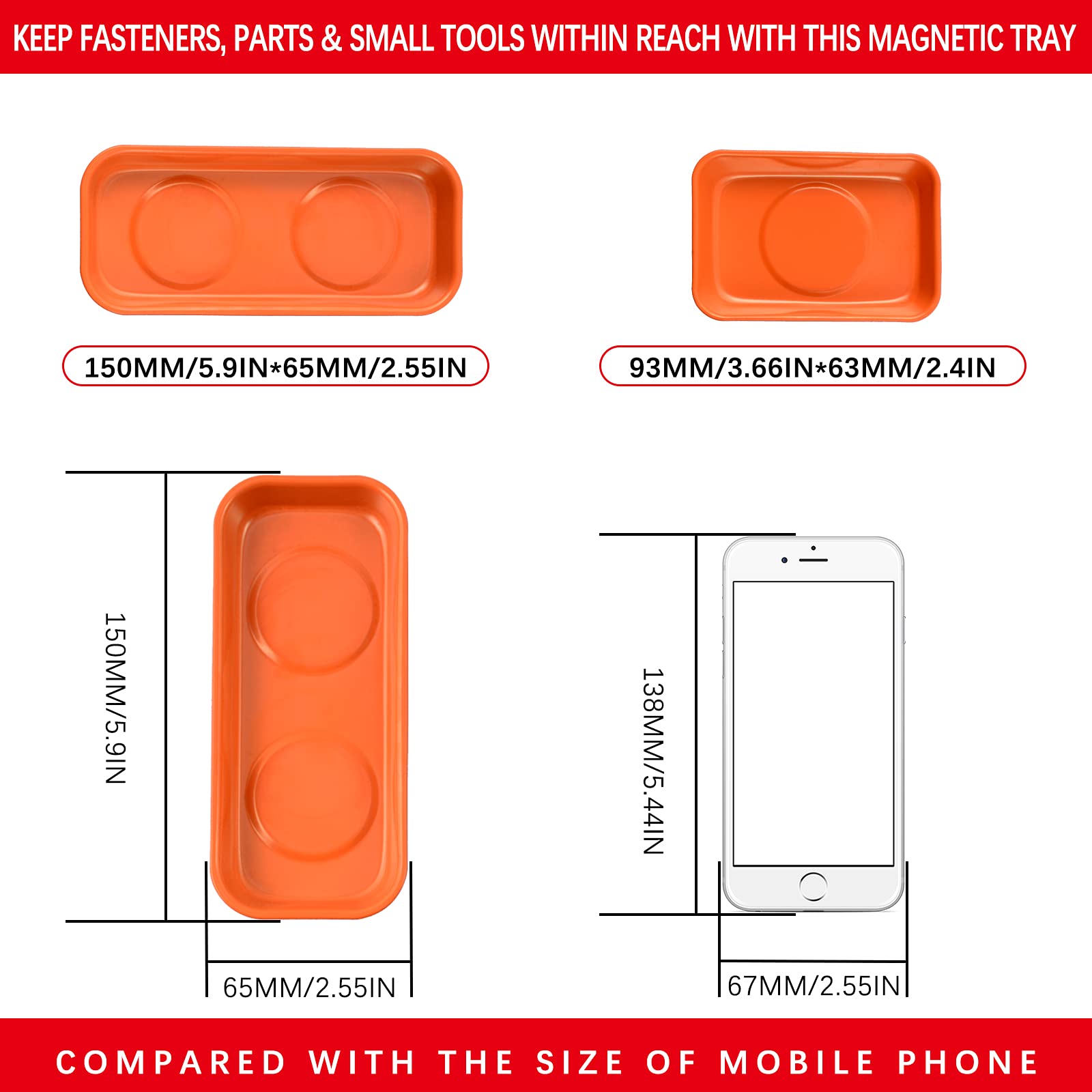 WXTOOLS 6 Pcs Orange Magnet Screw Tray (3.6" x 2.4" / 5.9" x 2.5" Square), Magnetic Parts Holder Mechanic Tray Magnetic Socket Trays, Ideal Screw Magnet Holder Magnetic Tray Set for DIY Handyman