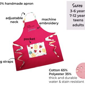 Kids Apron for Cooking Girl Embroidered Personalized Pink Teens Adults, Baking Custom Chef hat (01 pink)