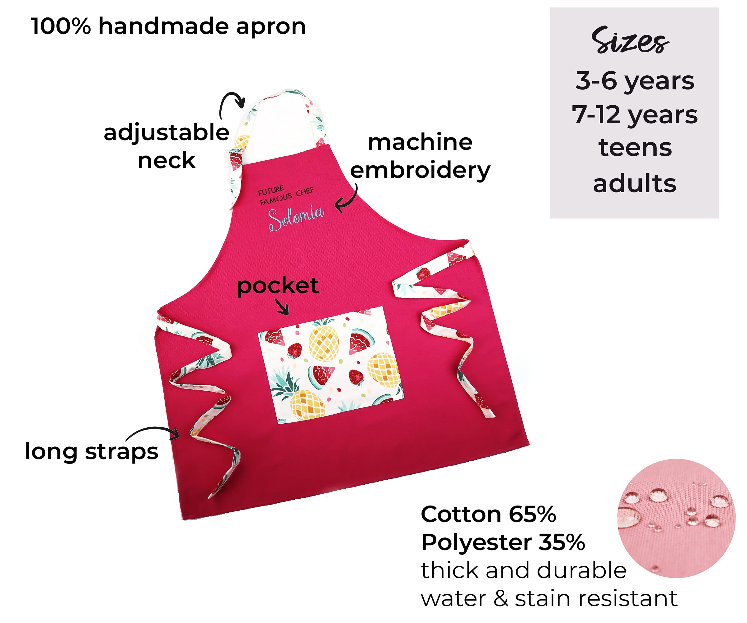 Kids Apron for Cooking Girl Embroidered Personalized Pink Teens Adults, Baking Custom Chef hat (01 pink)