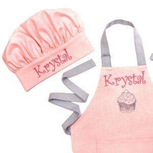 Kids Apron for Cooking Girl Embroidered Personalized Pink Teens Adults, Baking Custom Chef hat (01 pink)