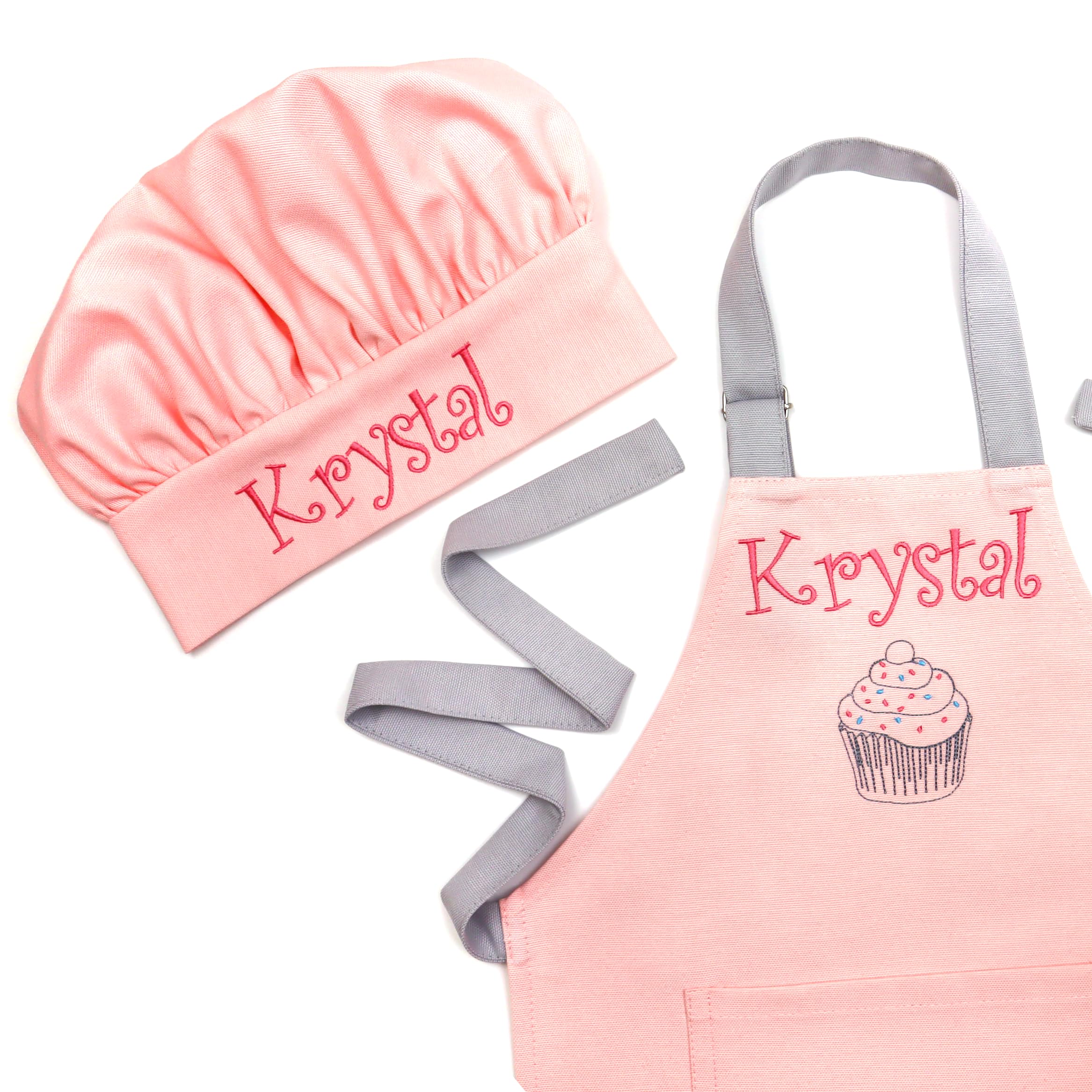 Kids Apron for Cooking Girl Embroidered Personalized Pink Teens Adults, Baking Custom Chef hat (01 pink)