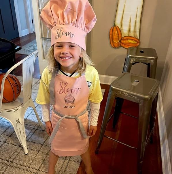 Kids Apron for Cooking Girl Embroidered Personalized Pink Teens Adults, Baking Custom Chef hat (01 pink)