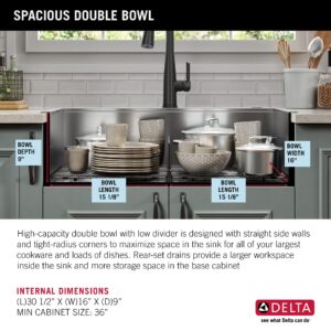 DELTA FAUCET Rivet 33-Inch Workstation Kitchen Sink Drop-In Top Mount 16 Gauge Stainless Steel 50/50 Double Bowl with WorkFlow Ledge and Chef’s Kit of 8 Accessories, 95A931-33D-SS