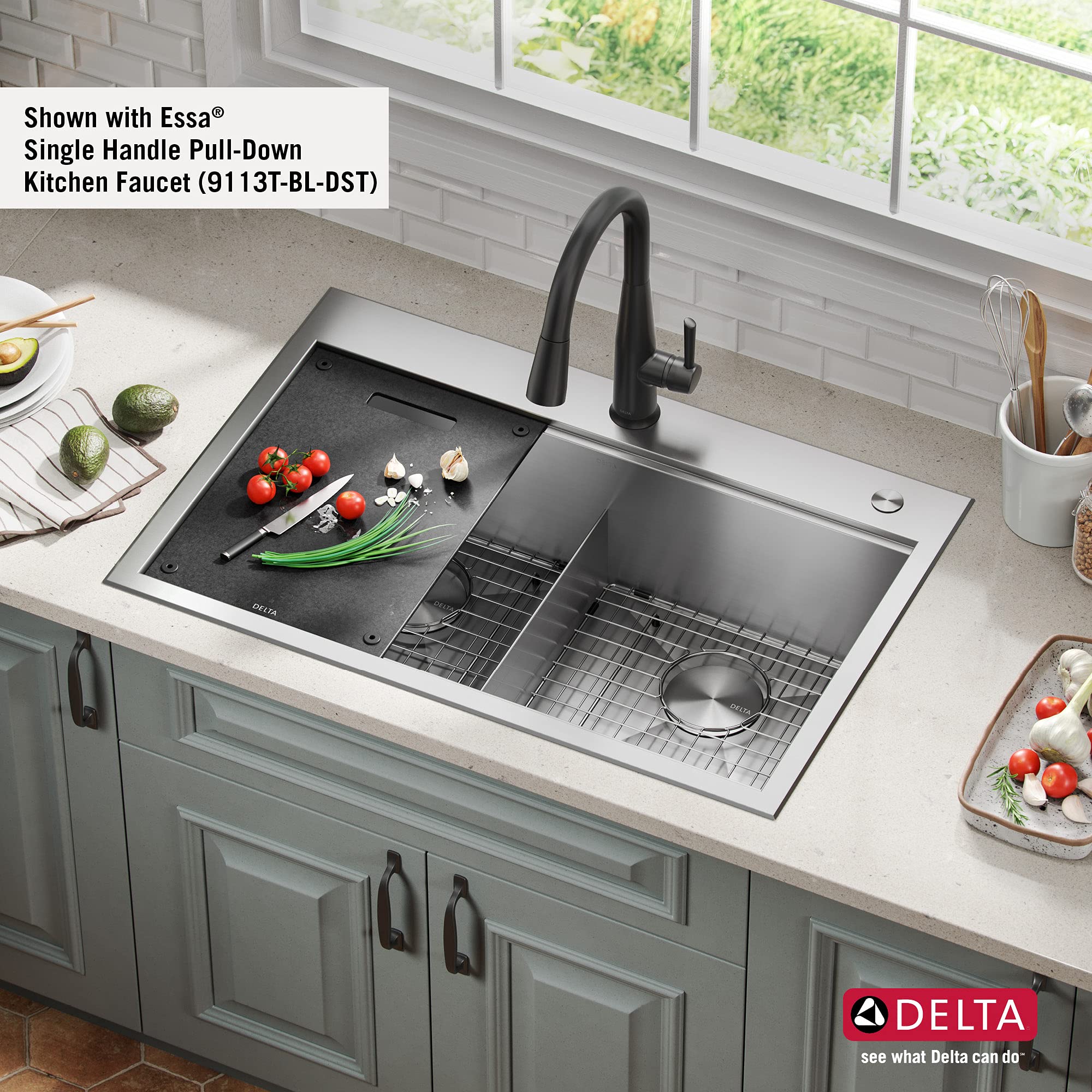 DELTA FAUCET Rivet 33-Inch Workstation Kitchen Sink Drop-In Top Mount 16 Gauge Stainless Steel 50/50 Double Bowl with WorkFlow Ledge and Chef’s Kit of 8 Accessories, 95A931-33D-SS