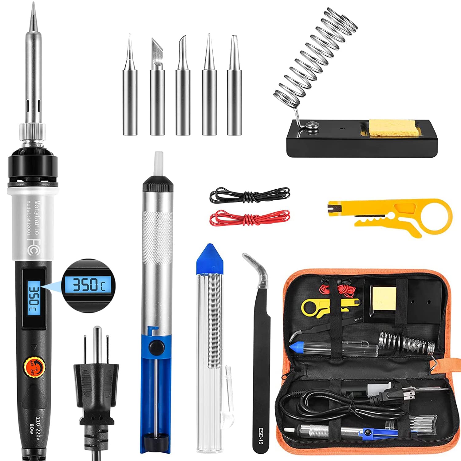 Soldering Iron Kit, 80W LCD Digital Soldering Gun with Adjustable Temperature Controlled, ON-Off Switch, 5pcs Soldering Tips, Solder Wire Tube, Desoldering Pump14pcs Welding Tool