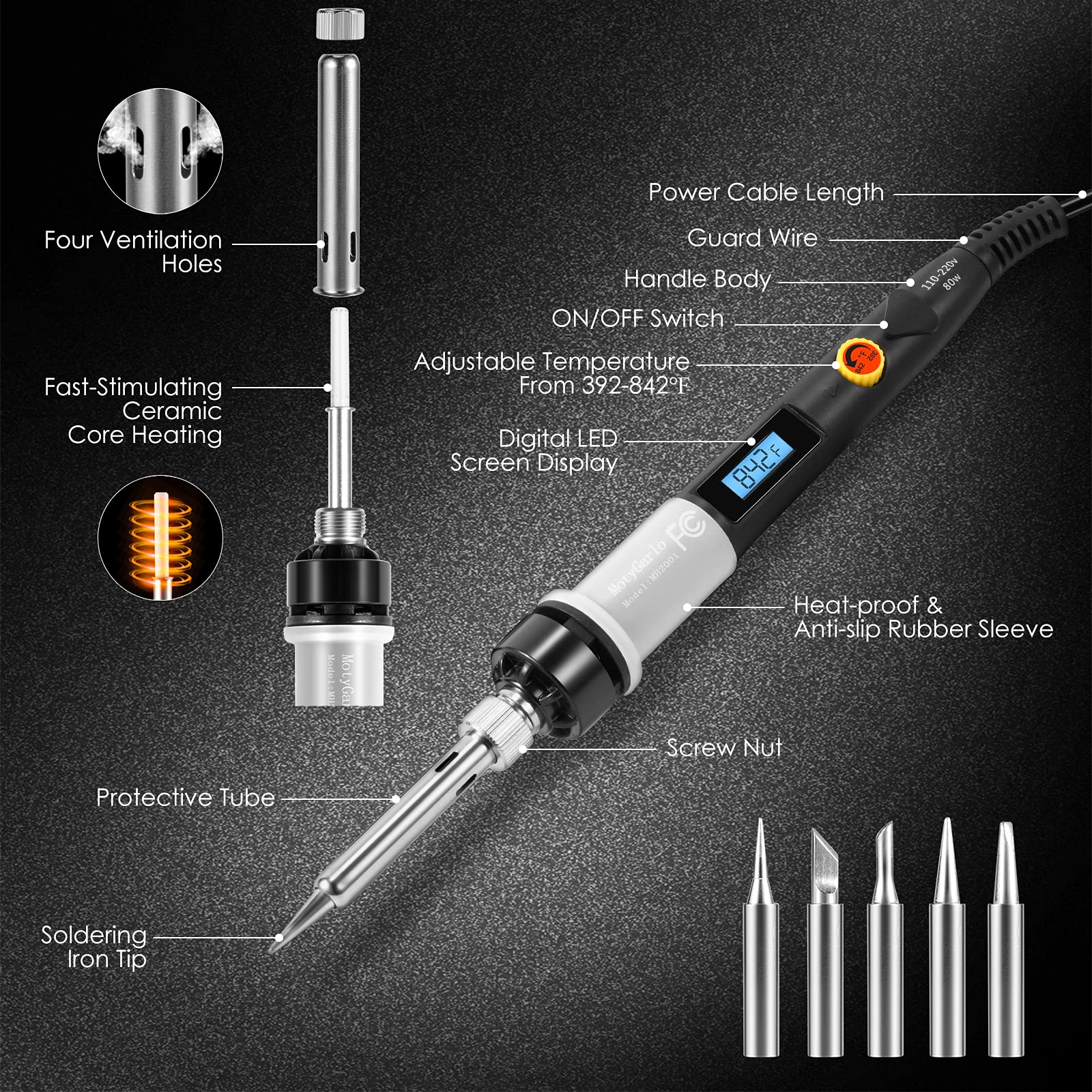 Soldering Iron Kit, 80W LCD Digital Soldering Gun with Adjustable Temperature Controlled, ON-Off Switch, 5pcs Soldering Tips, Solder Wire Tube, Desoldering Pump14pcs Welding Tool