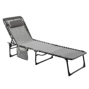 mupater 4-fold patio chaise lounge chair for outdoor with detachable pocket and pillow, portable sun lounger recliner for beach, camping and pool, grey