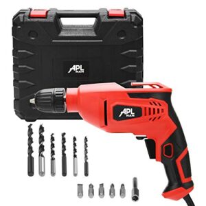 aplman power electric drill,variable speed drill with 6 pcs drill bit and 6 pcs screwdriver,6 foot gord,reversable wired,carrying case & accessories