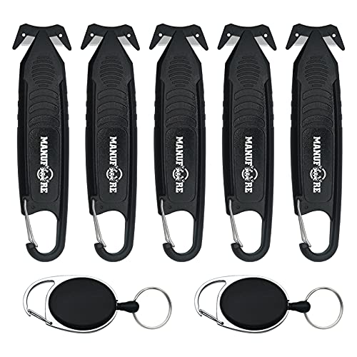 MANUFORE 5 Pack Safety Knife Package Box Opener Film Cutter with 2 Retractable Key Chain for Shrink Wrap, Stretch Wrap, Tape, and Plastic Straps