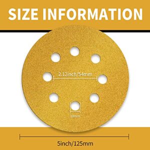 Keeimp 100 Pcs 5 Inch Sanding Discs Hook and Loop, 60 Grit Sandpaper for Woodworking or Automotive, 8 Hole Gold Premium Dustless Random Orbit Sandpaper