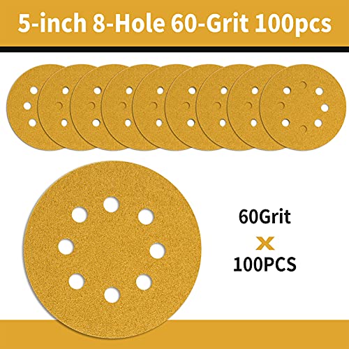 Keeimp 100 Pcs 5 Inch Sanding Discs Hook and Loop, 60 Grit Sandpaper for Woodworking or Automotive, 8 Hole Gold Premium Dustless Random Orbit Sandpaper