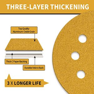 Keeimp 100 Pcs 5 Inch Sanding Discs Hook and Loop, 60 Grit Sandpaper for Woodworking or Automotive, 8 Hole Gold Premium Dustless Random Orbit Sandpaper