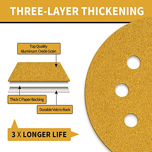 Keeimp 100 Pcs 5 Inch Sanding Discs Hook and Loop, 60 Grit Sandpaper for Woodworking or Automotive, 8 Hole Gold Premium Dustless Random Orbit Sandpaper