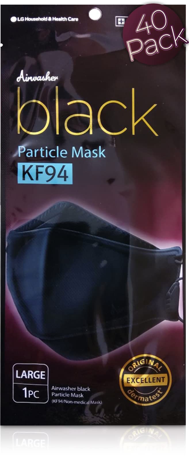 [Airwasher] KF94 Disposable Face Mask - Made in Korea, Black Breathable Reusable Face Mask, Individually Wrapped 4-Ply Adjustable Cloth Masks, 40 Pack