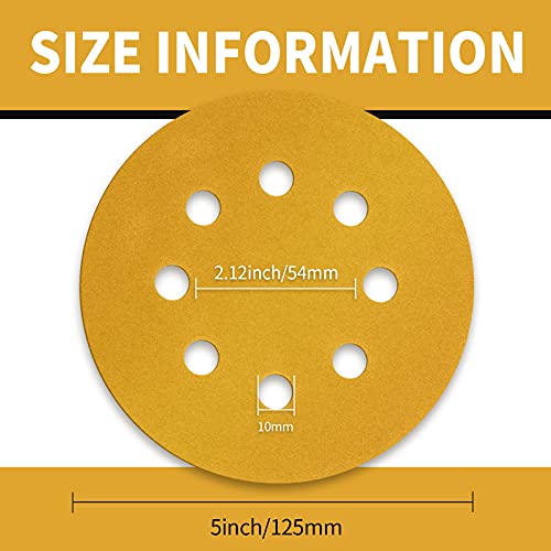 Keeimp 100 Pcs 5 Inch Sanding Discs Hook and Loop, 220 Grit Sandpaper for Woodworking or Automotive, 8 Hole Gold Premium Dustless Random Orbit Sandpaper