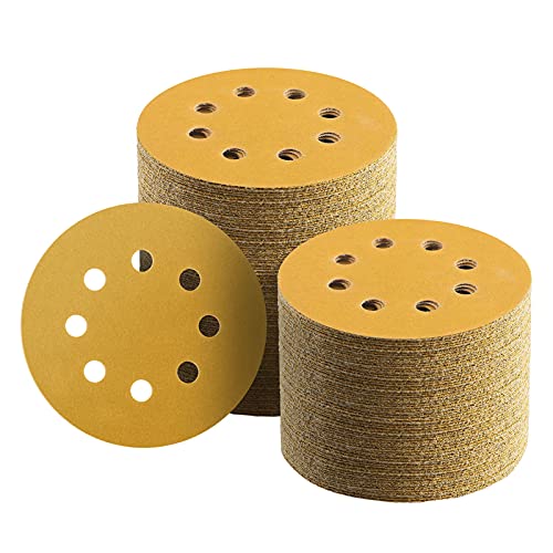 Keeimp 100 Pcs 5 Inch Sanding Discs Hook and Loop, 220 Grit Sandpaper for Woodworking or Automotive, 8 Hole Gold Premium Dustless Random Orbit Sandpaper