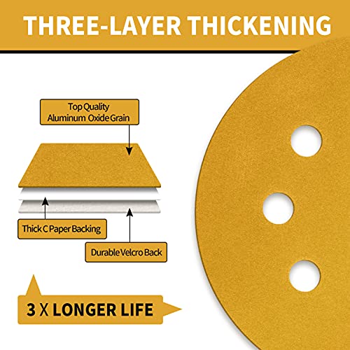 Keeimp 100 Pcs 5 Inch Sanding Discs Hook and Loop, 220 Grit Sandpaper for Woodworking or Automotive, 8 Hole Gold Premium Dustless Random Orbit Sandpaper