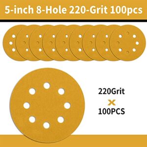 Keeimp 100 Pcs 5 Inch Sanding Discs Hook and Loop, 220 Grit Sandpaper for Woodworking or Automotive, 8 Hole Gold Premium Dustless Random Orbit Sandpaper