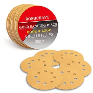 boshcraft 30 packs sanding discs, 220 grit 5 inch sanding disc hook and loop sandpaper 8 holes orbital sander sandpaper for wood metal random orbital sander