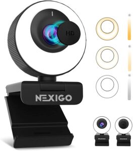 nexigo n620e webcam with light, 1080p 60fps autofocus, eptz 2x digital zoom, plug and play, [software included], fhd streaming web camera, dual stereo mics, for zoom skype teams, pc mac laptop desktop